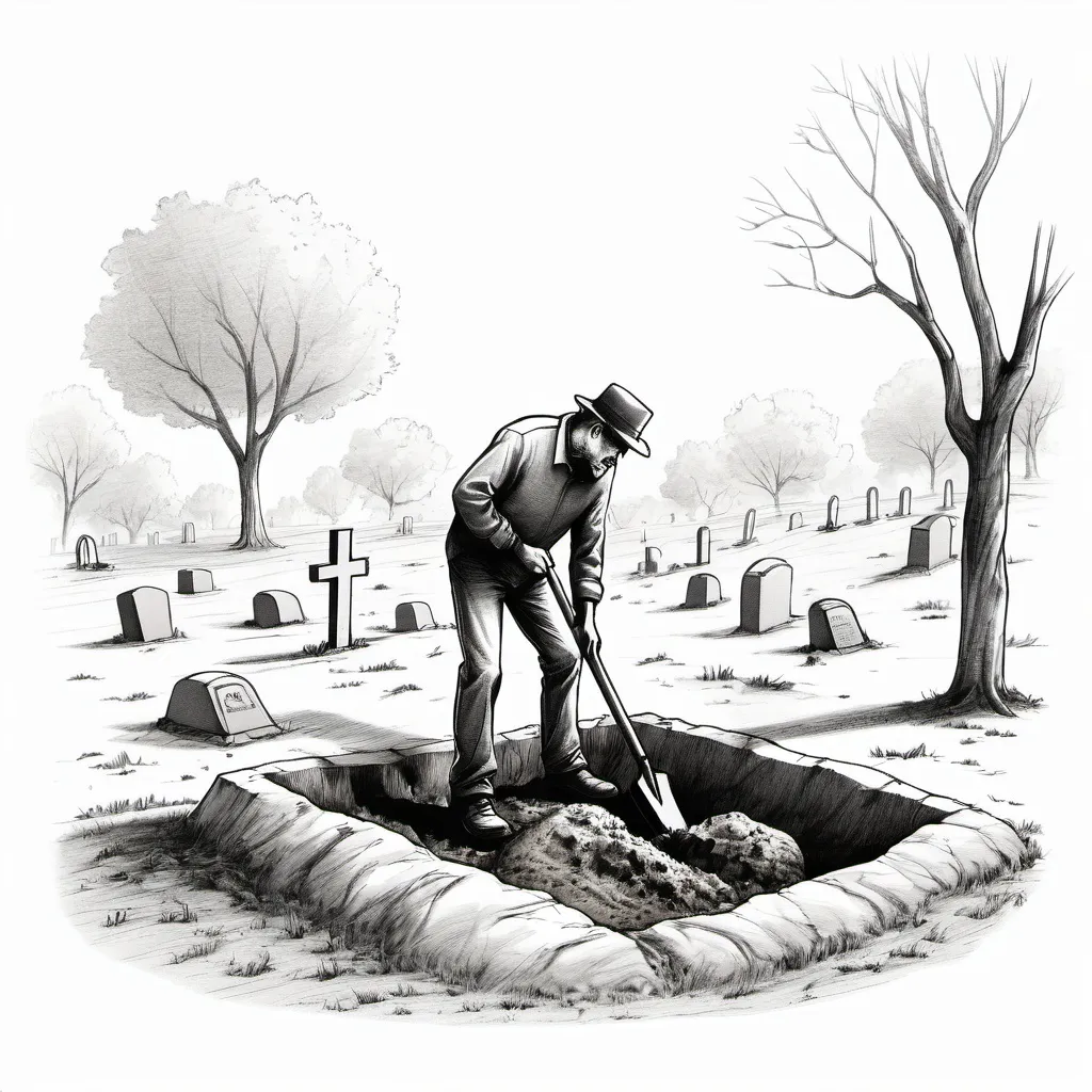 Sketch of a man digging a grave in a wide shot