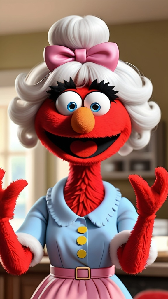 3D animation, grandma Elmo muppet wondering expressi...
