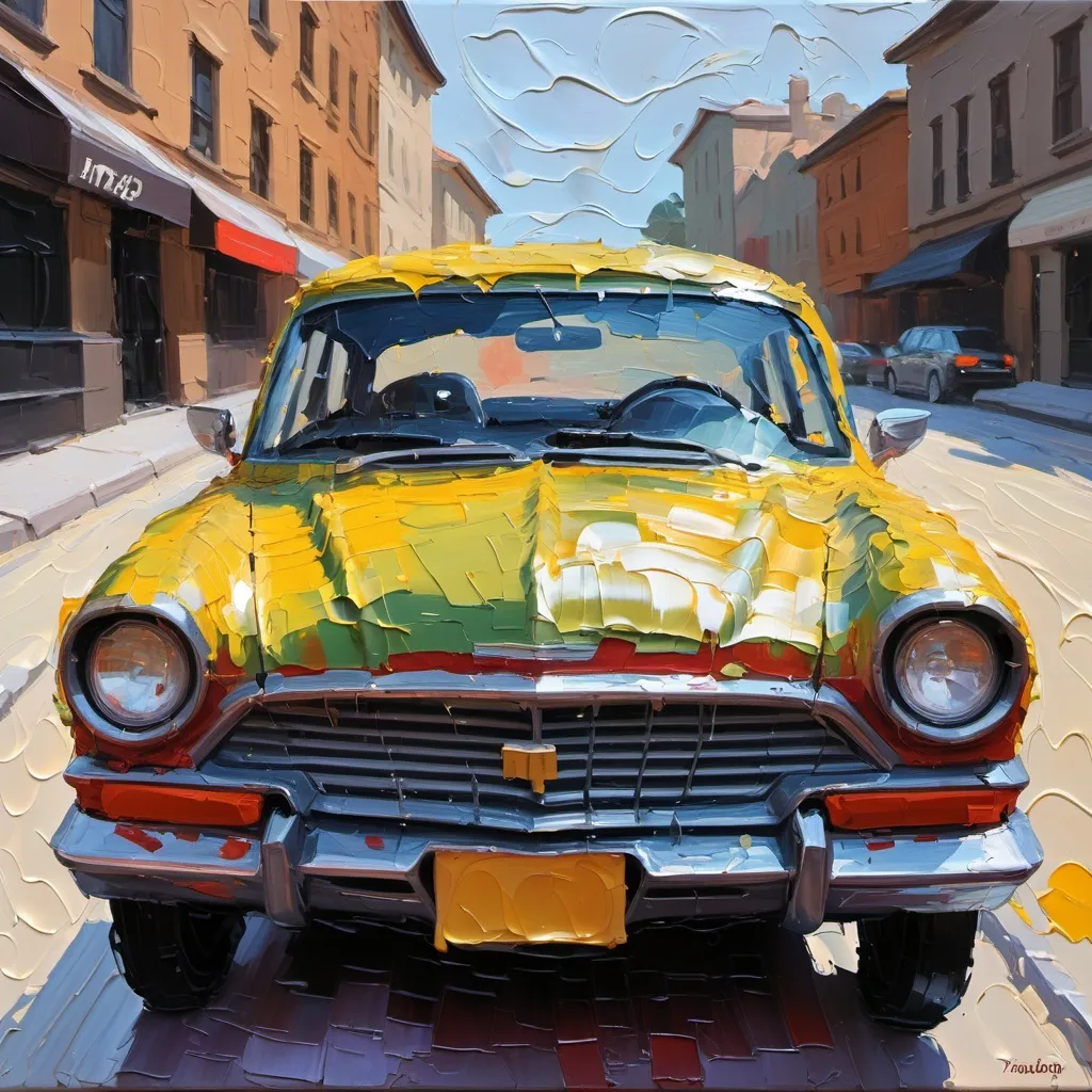 thick impasto oil painting of a car, thick bumpy pai...