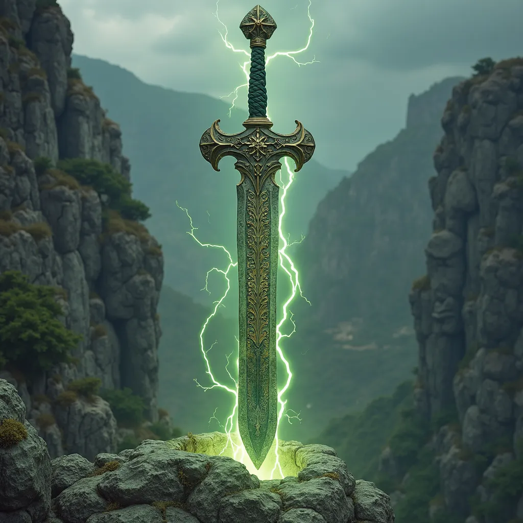 A magnificent ancient sword stands upright, seemingl...