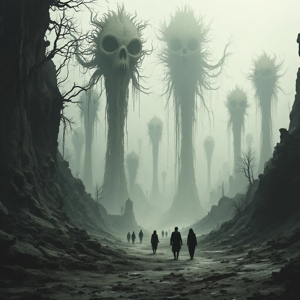 In a surreal, dystopian landscape, towering structur...