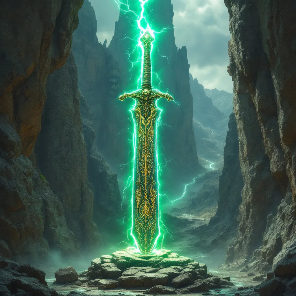 A magnificent ancient sword stands upright, seemingl...