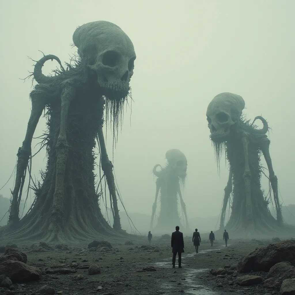 In a surreal, dystopian landscape, towering structur...