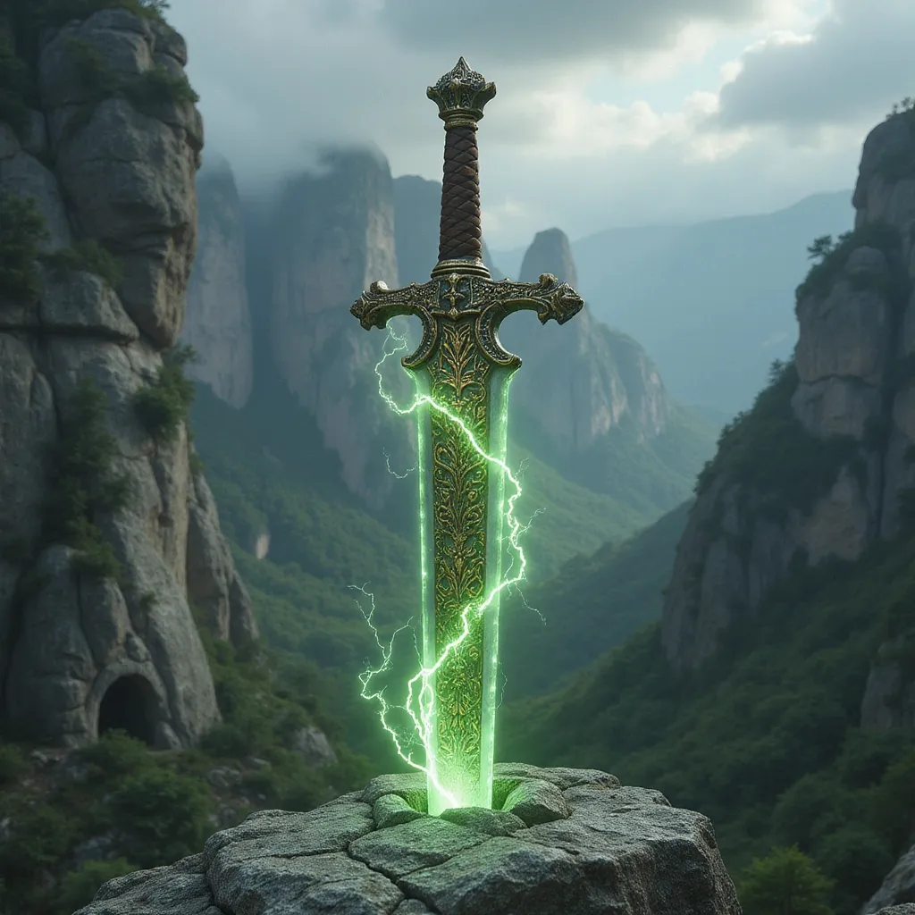 A magnificent ancient sword stands upright, seemingl...