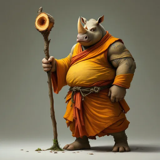 anthropomorphic great fat Rhinoceros monk in orange...