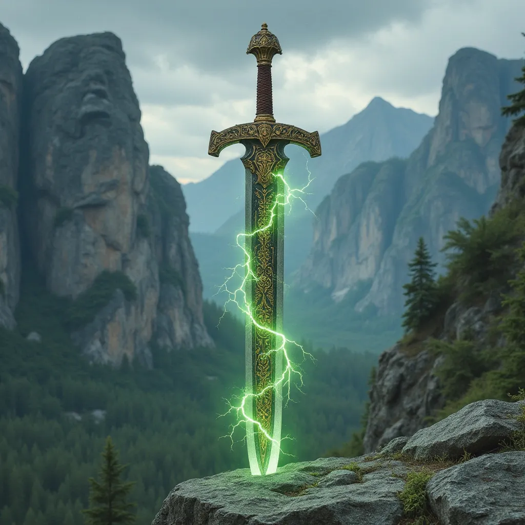 A magnificent ancient sword stands upright, seemingl...