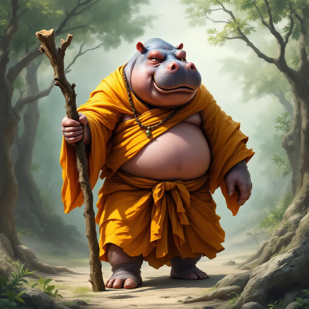 anthropomorphic great fat hippopotamus monk in orang...