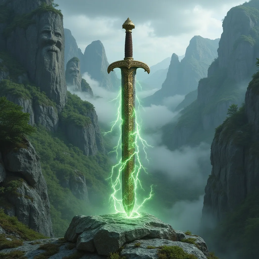 A magnificent ancient sword stands upright, seemingl...