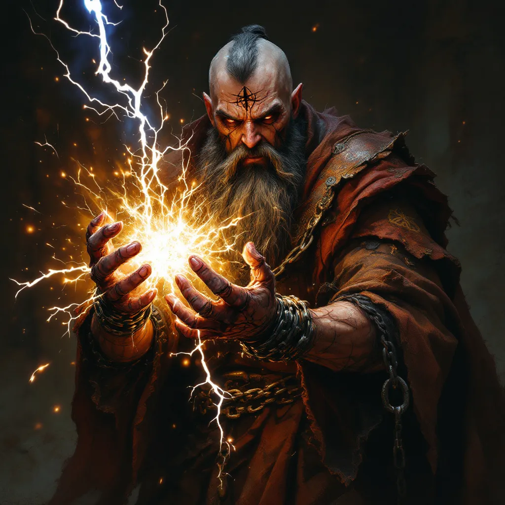 arcane sigils burned into his rusted chained manacle...