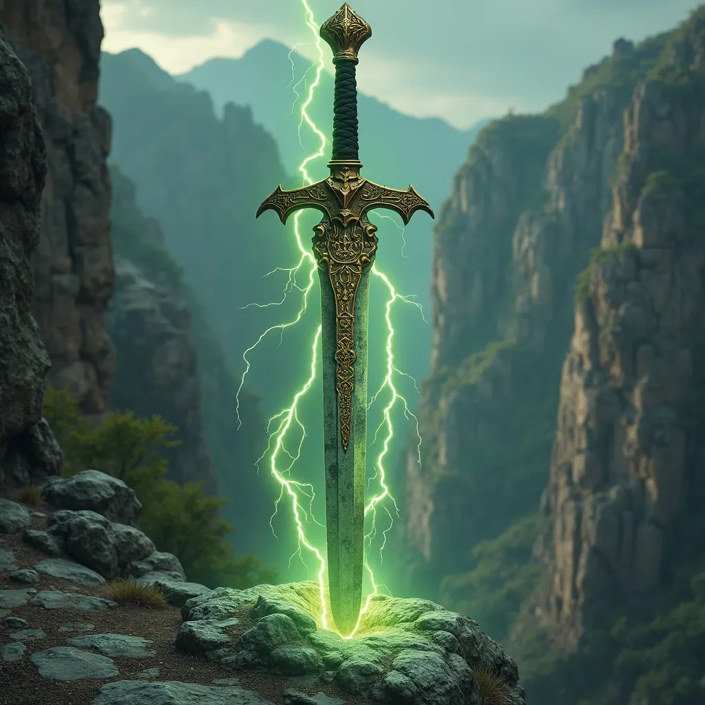 A magnificent ancient sword stands upright, seemingl...