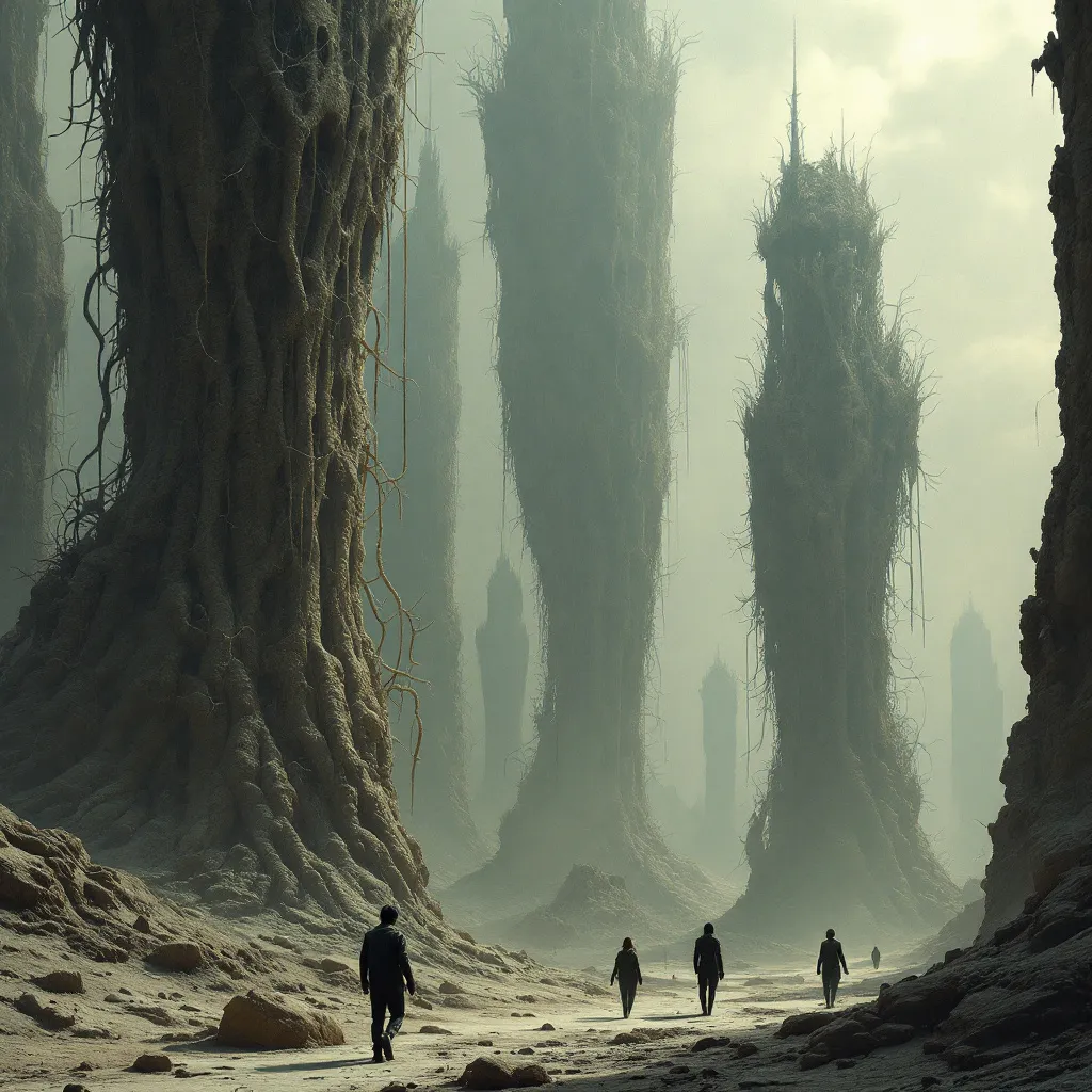 In a surreal, dystopian landscape, towering structur...