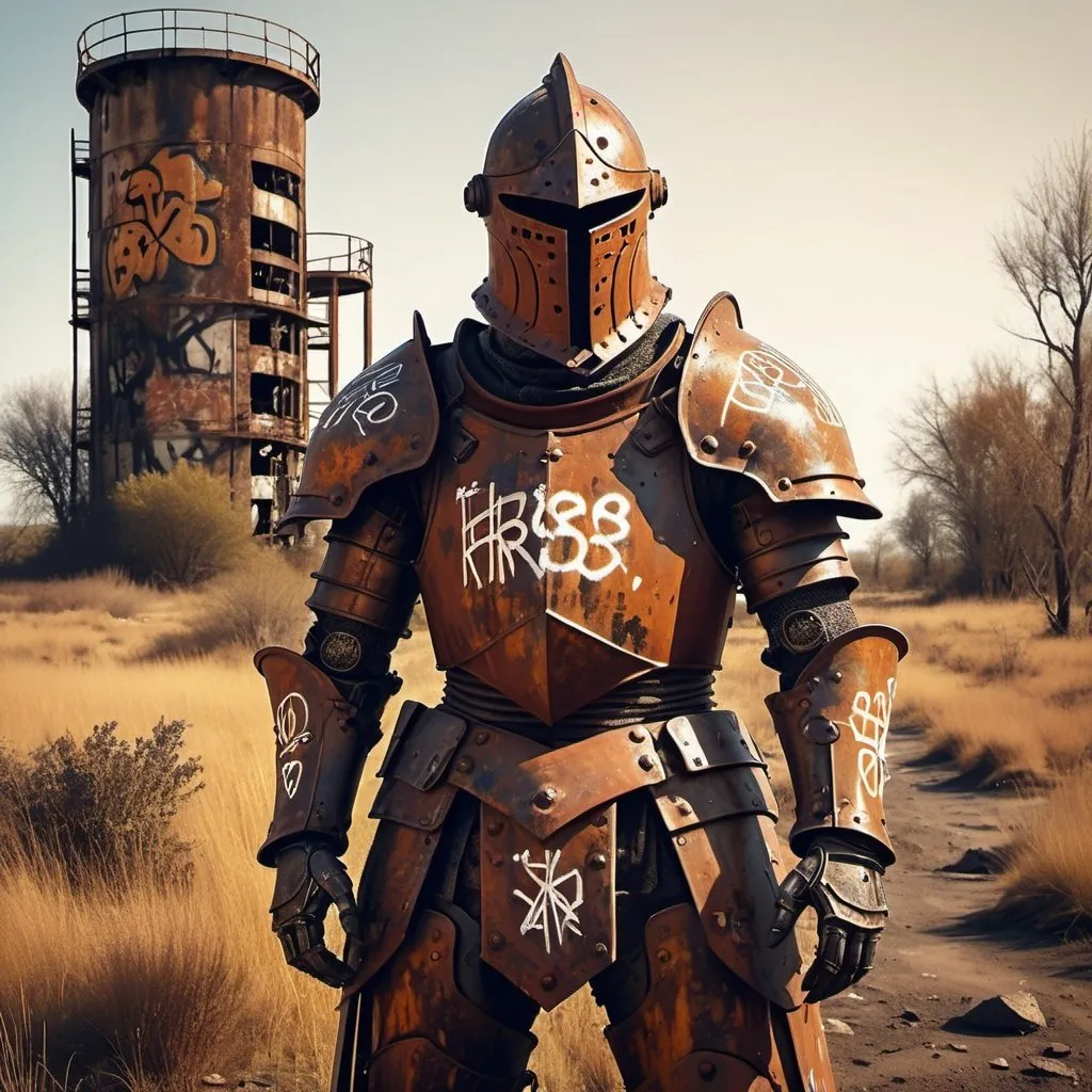 rusty armoured knight with graffiti in a desolate co...