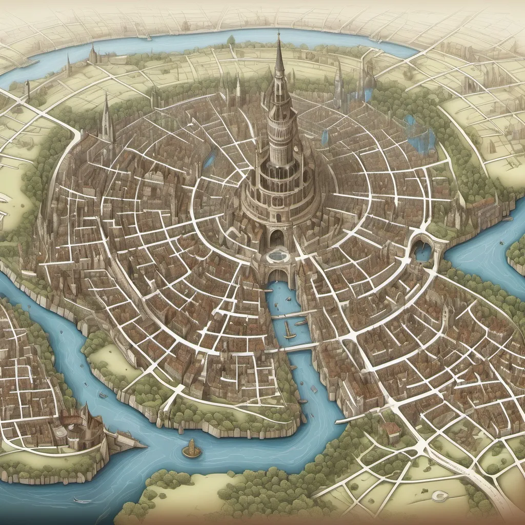 Detailed map of a sprawling metropolis. fantasy medi...