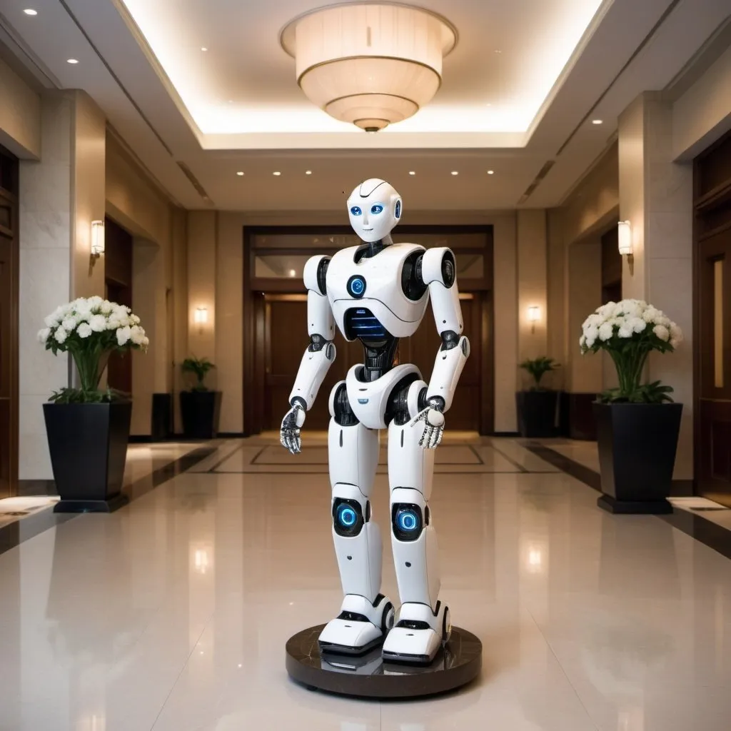 Create a detailed and welcoming image of a humanoid...