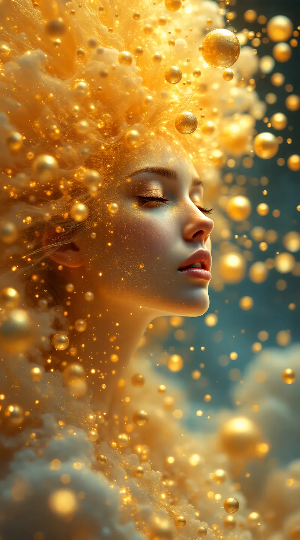 A breathtaking macro shot of golden spheres erupting...