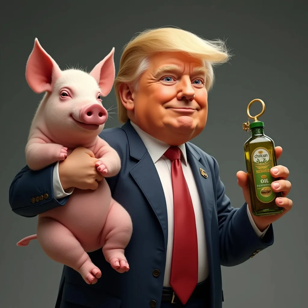 An image of Donald Trump carrying a pig under one ar...