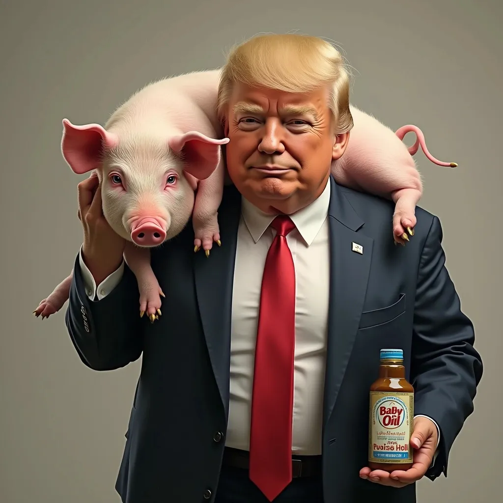 An image of Donald Trump carrying a pig under one ar...