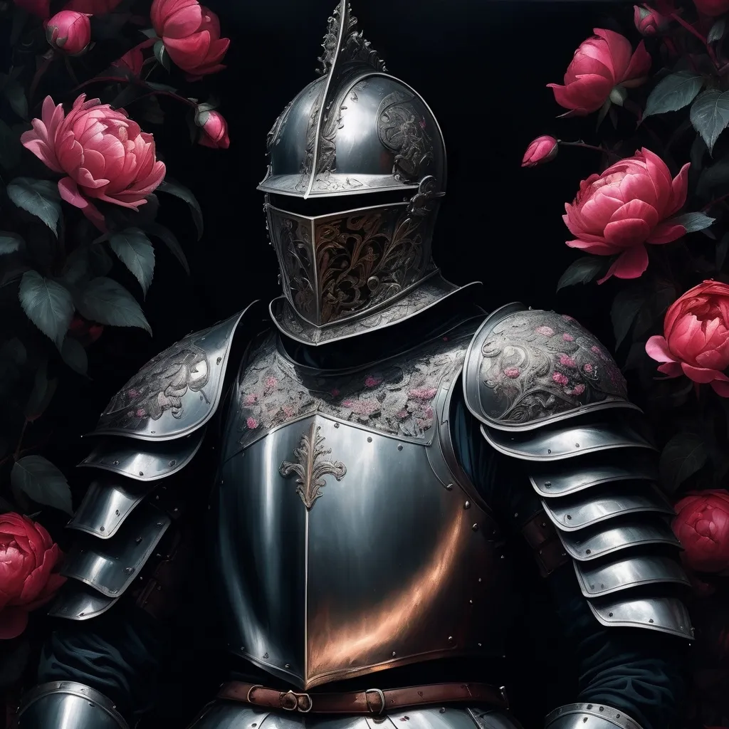 “A knight in detailed, ornate armor standing with ar...