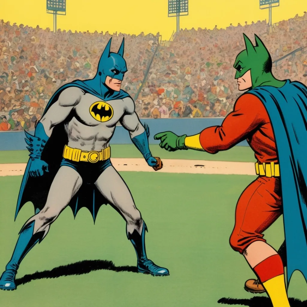 Batman is facing off against robin on a baseball fie...