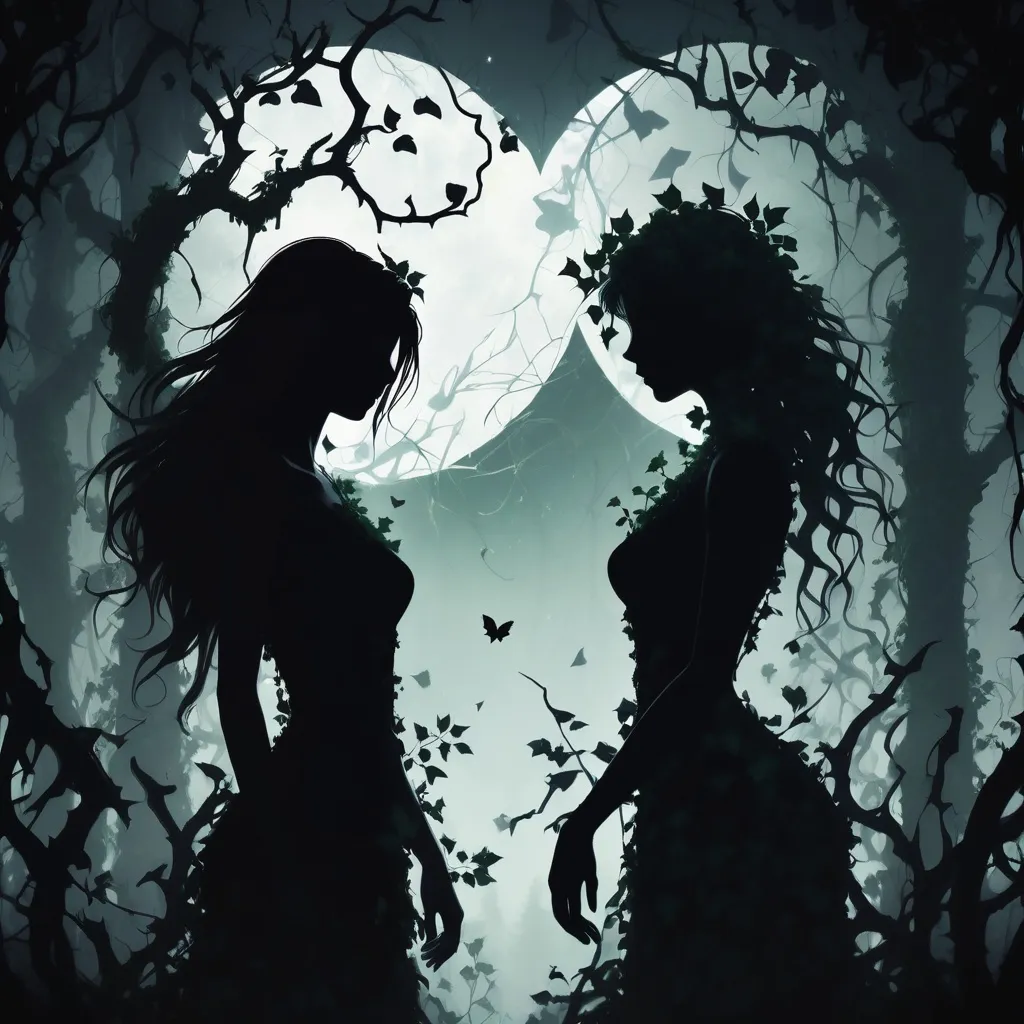 Two silhouettes standing in an Overgrown forest vine...