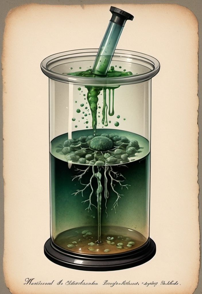 Vintage medical illustration. Setting is a moldy lab...