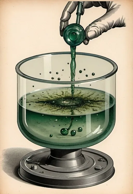 Vintage medical illustration. Setting is a moldy lab...