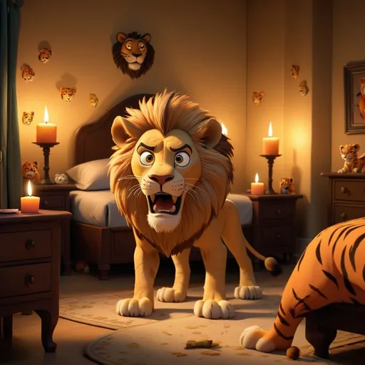 A cartoon male lion enters a dimly lit bedroom. He s...