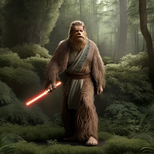 Pixar-style illustration of a wise Chewbacca Jedi Kn...