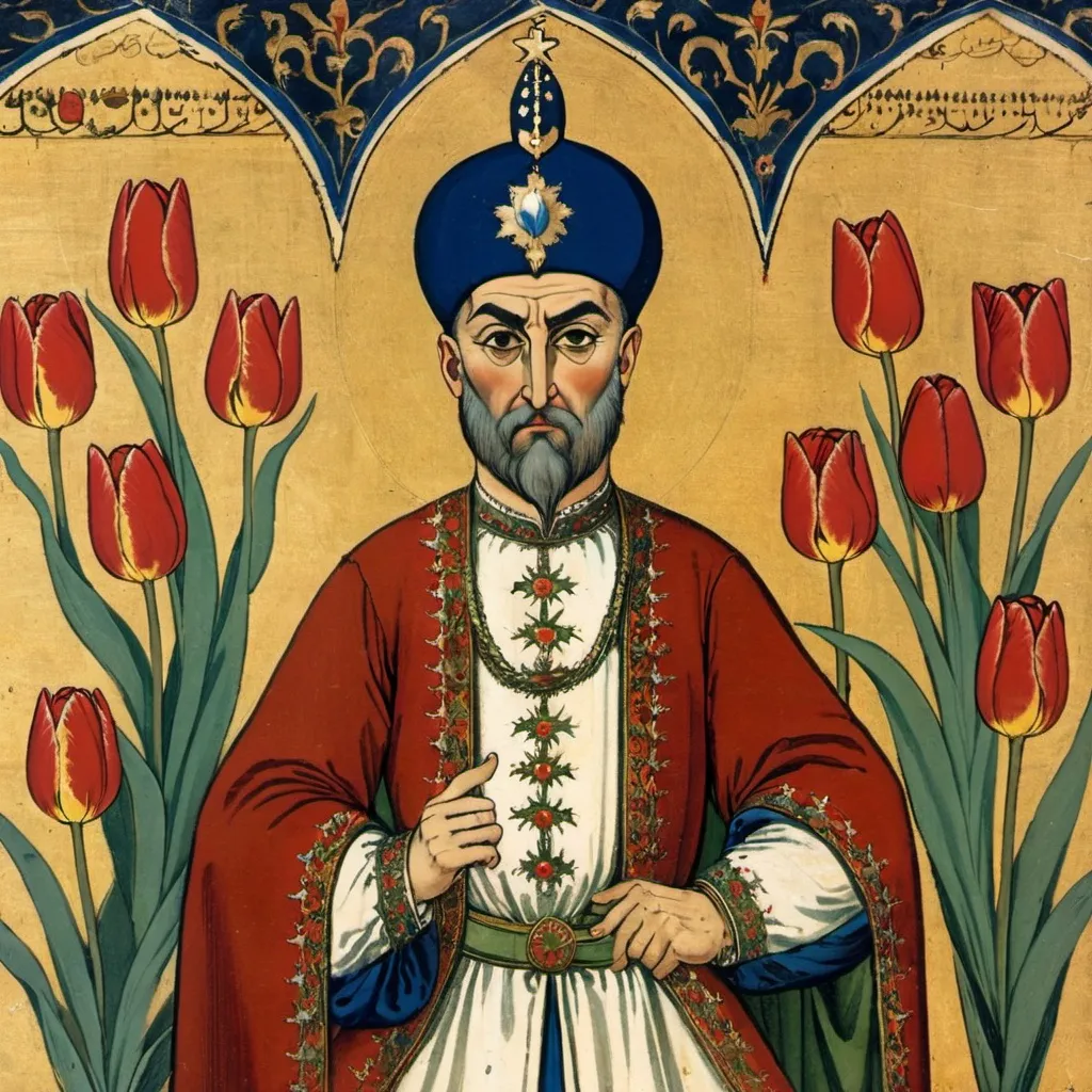 Early medieval painting of Ottoman sultan, colorful...