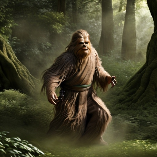 Pixar-style illustration of a wise Chewbacca Jedi Kn...