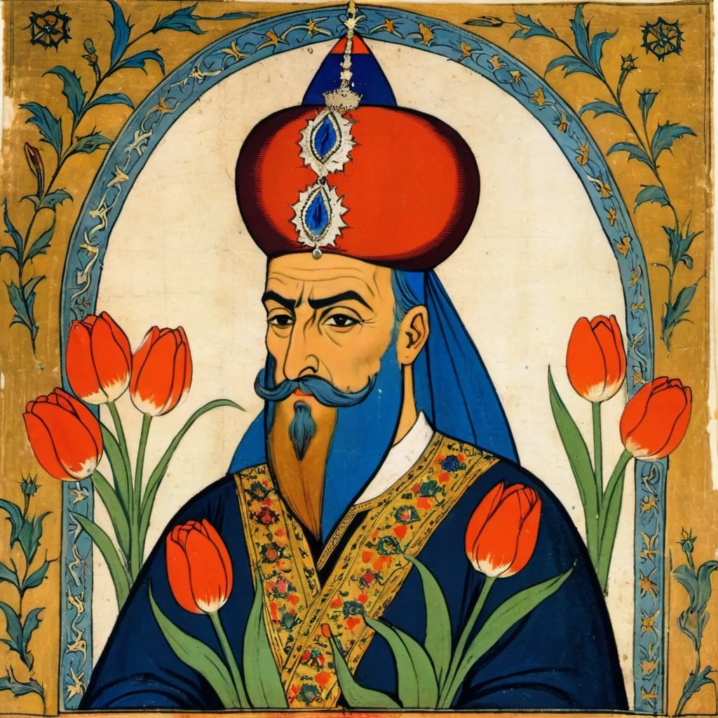 Early medieval painting of Ottoman sultan with color...