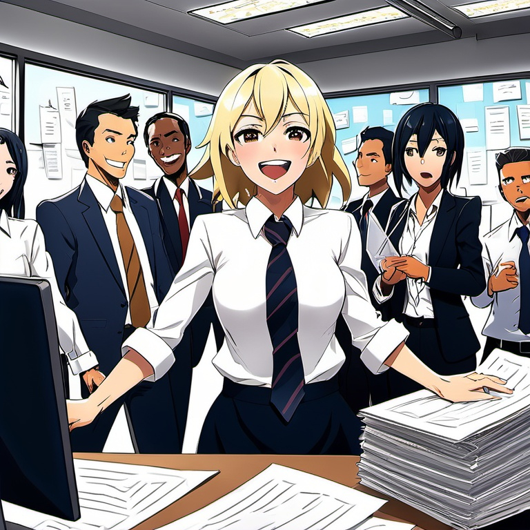 Mikazuki Kan anime style. Set in a chaotic office A...