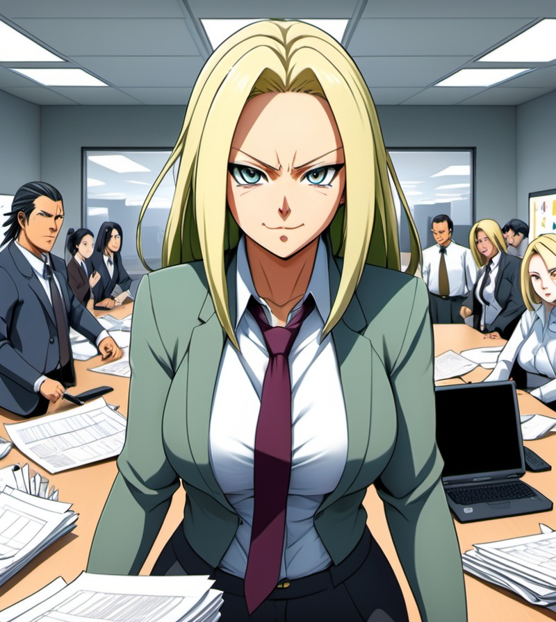 Tsunade Senju anime style. Set in a chaotic office A...