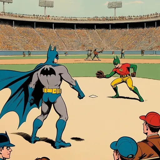 Batman is facing off against robin on a baseball fie...