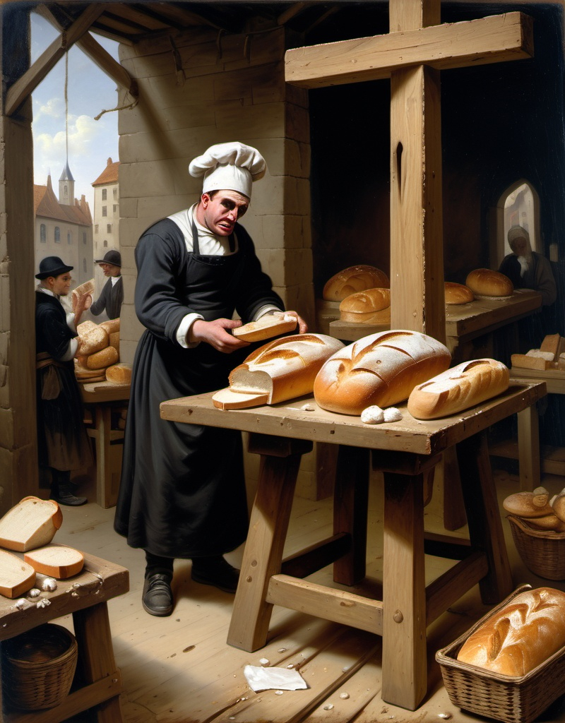 Gothic oil painting. A baker stands in A wooden fra...