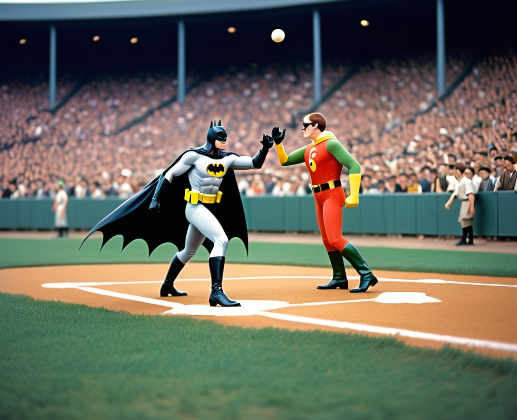 Baseball field, crowd, BATMAN and robin play catch,...