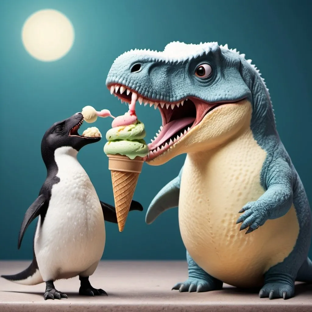 a dinosaur eating a penguin shaped ice cream