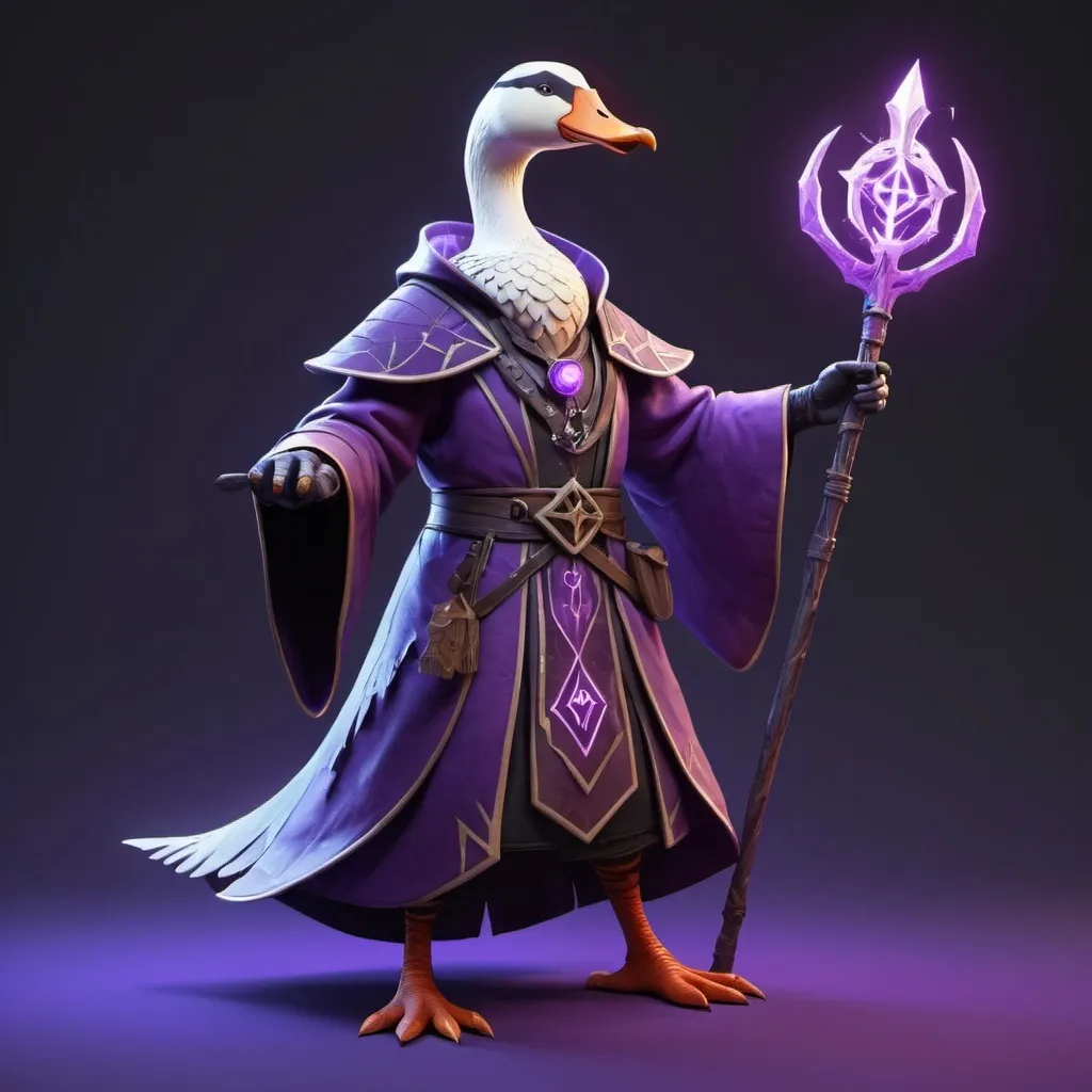 Disney-style illustration of a goose warlock wearing...