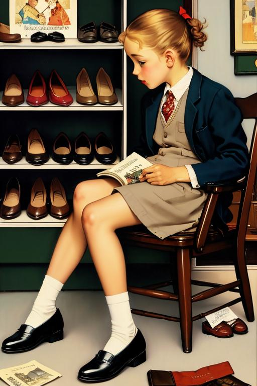 Anytime Annie shoe shopping, painted by Norman Rockwell