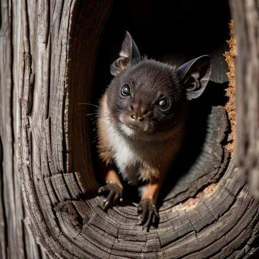 A realistic myotis in the cavity of a tree