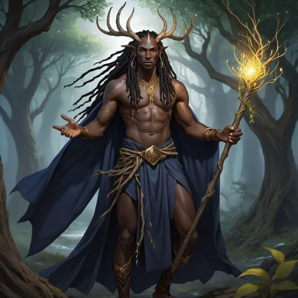 full body, strong black male elven druid with glowin...