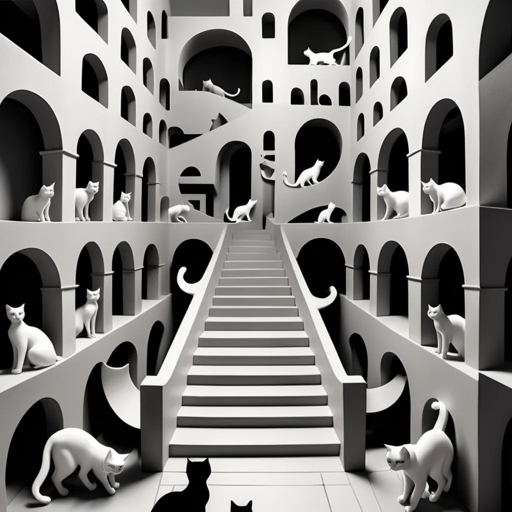 Escher style stairs with infinite cats going up and...