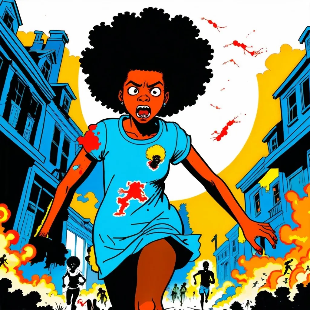 Black teenage girl with Afro, running in the apocaly...