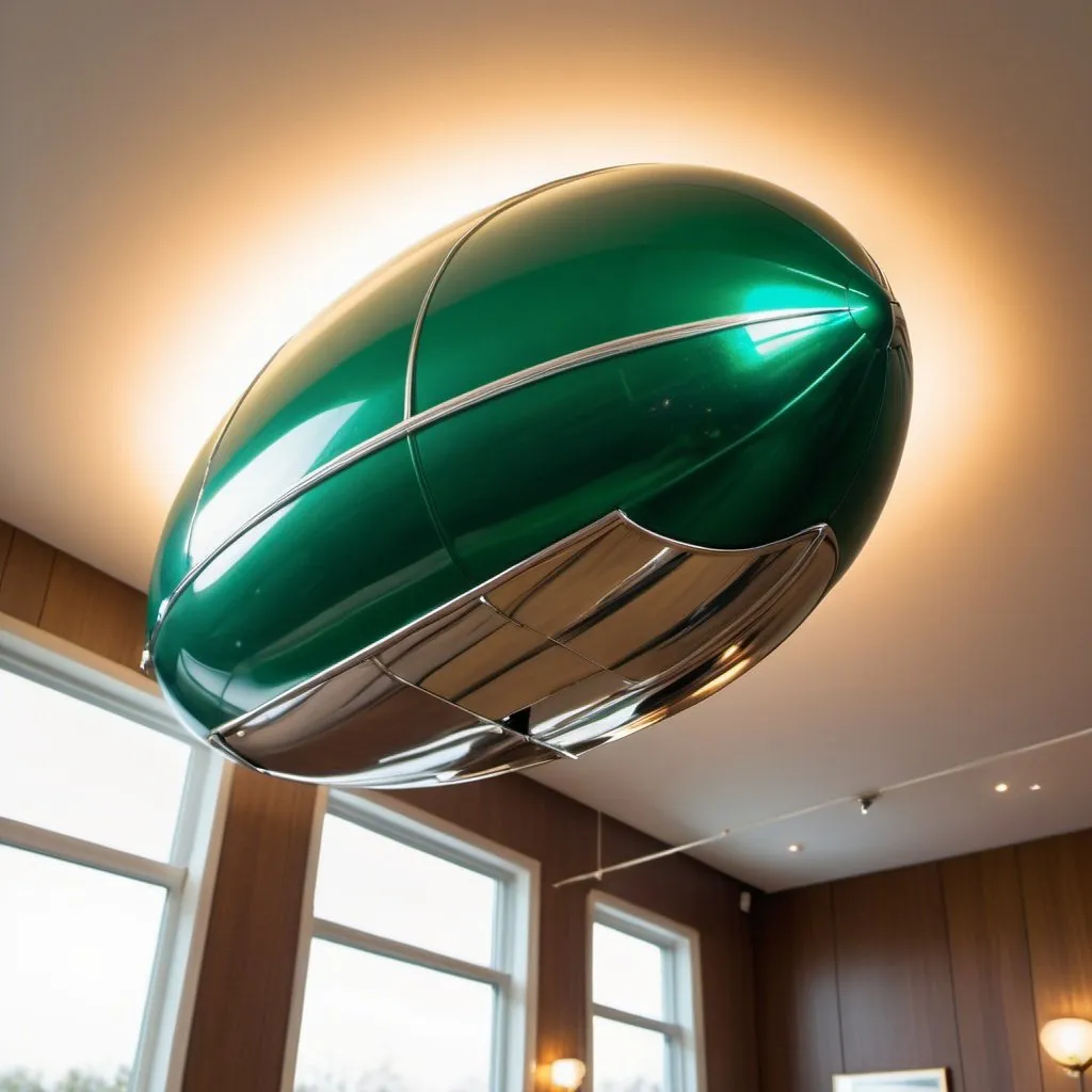 emerald chrome zeppelin, golden hour overhead lighti...