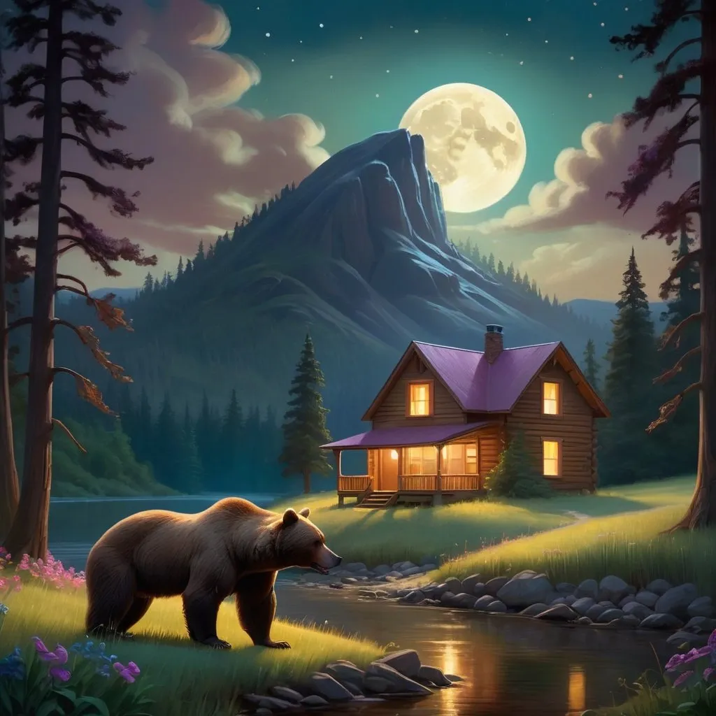 Mountain with cabin in stand of tress with big brown...