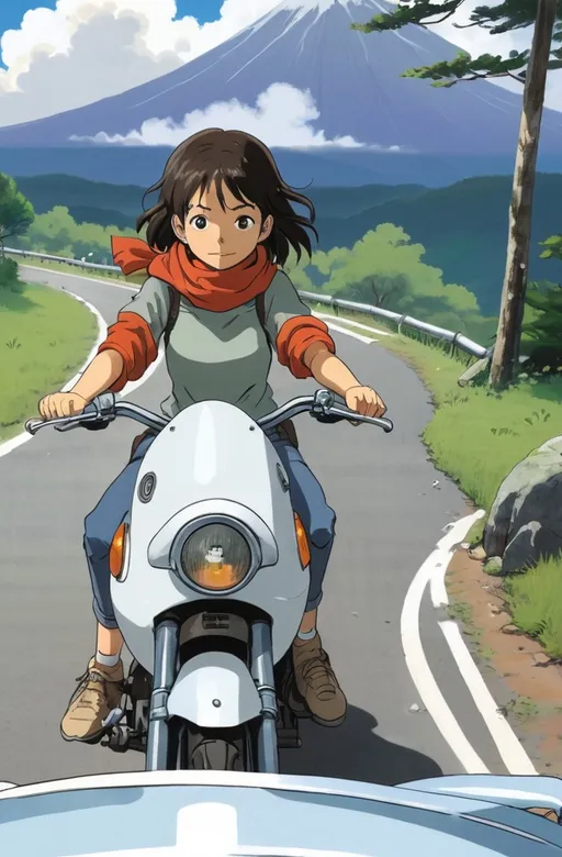 2d studio ghibli anime style, girl on motorcycle, an...