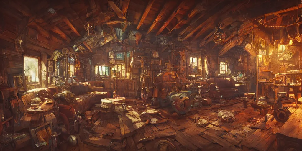 steampunk wooden shack interior, colorful, contrast, | Stable Diffusion