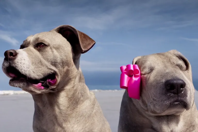 movie scene closeup juggernaut dog with pink bow on | Stable Diffusion ...