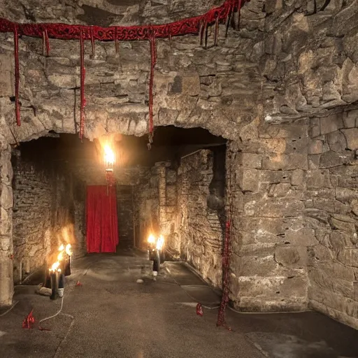 a dark and desolate stone dungeon with red tattered | Stable Diffusion