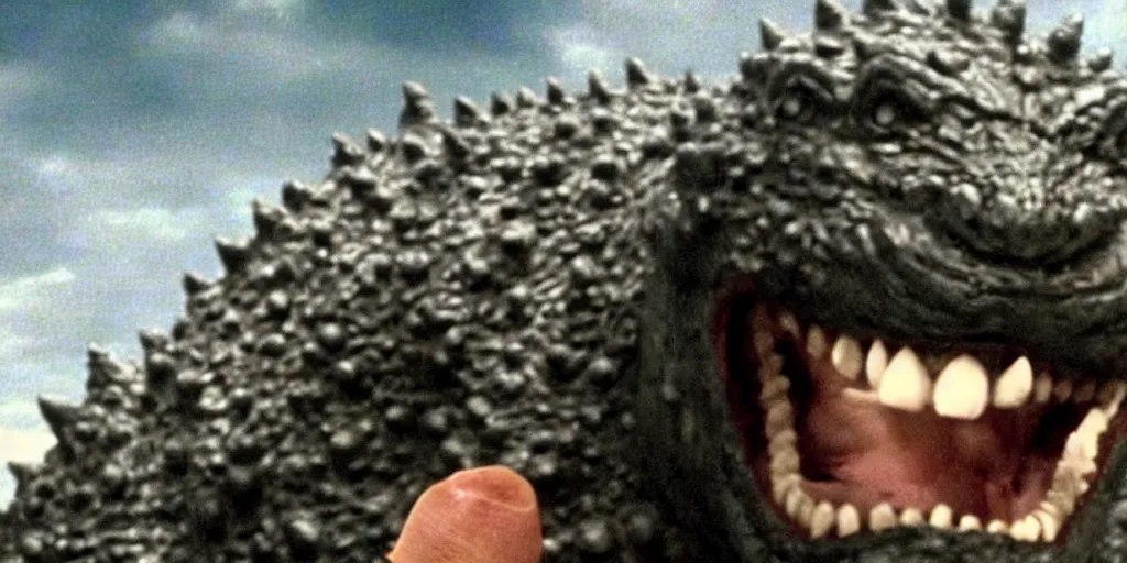 a still from a movie, godzilla with human teeth being | Stable ...